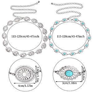 obmwang 2 Pcs Women Concho Western Chain Belts Turquoise Chain Belts Adjustable Metal Waist Belt for Dresses Jeans