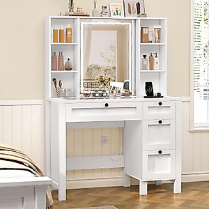 FIONESO Vanity Desk, Makeup Vanity with Glass Tabletop & Power Outlet, Vanity Desk with Mirror and Lights, Makeup Vanity Desk with 4 Drawers & 6 Shelves, Vanity Set for Bedroom, White