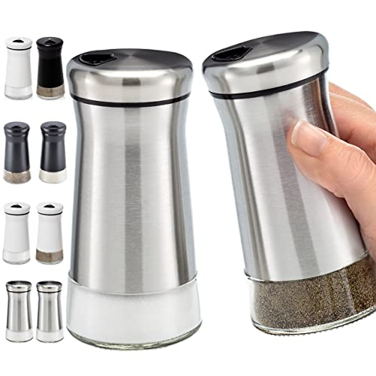 HOME EC Original Glass Salt and Pepper Shakers Set with Adjustable Pour Holes - Stainless Steel Salt Shaker and Pepper Shaker - Farmhouse Salt and Pepper Shaker Set for salts and spices