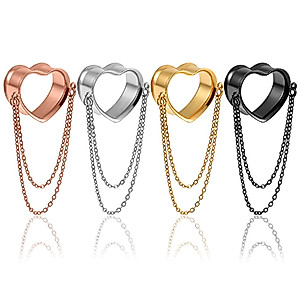 Atomhole 2PCS Cute Heart Ear Gauges with Chains Hypoallergenic 316 Stainless Steel Plugs for Ears Tunnels Piercing Expander Stretchers Body Jewelry (10mm(00G), Black)