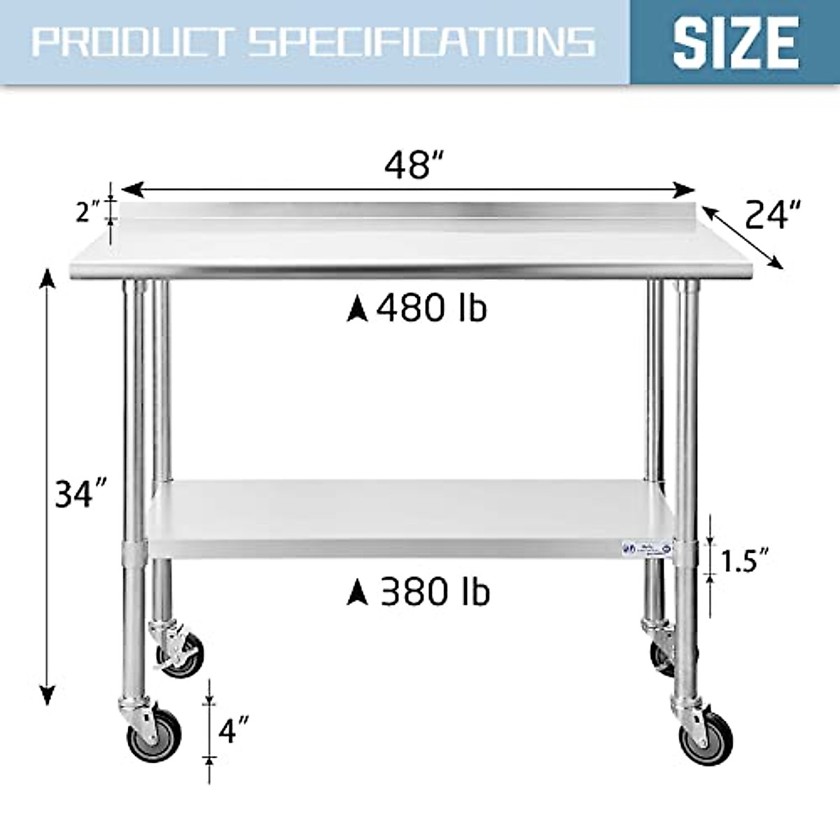 Hally Stainless Steel Table for Prep & Work 24 x 48 Inches with Caster Wheels, NSF Commercial Heavy Duty Table with Undershelf and Backsplash for Restaurant, Home and Hotel
