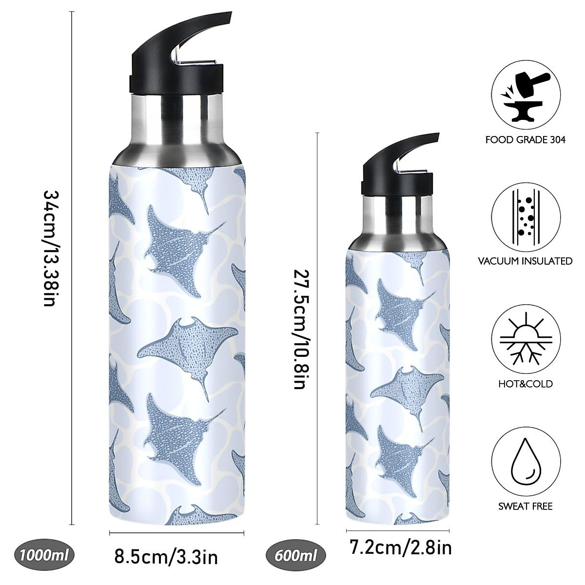 Dussdil Stingray Fishes Water Bottle Kid's Vacuum Insulated Tumblers Stainless Steel Cup BPA Free with Handle Straw Lid for Boys Girls Gifts 20 Oz