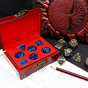 Haxtec Mystery DND Dice Set with Wood Dice Case Dual-Purpose Wooden Dice Box with Foam Insert DND Gifts D&D RPG Dice Set with Box