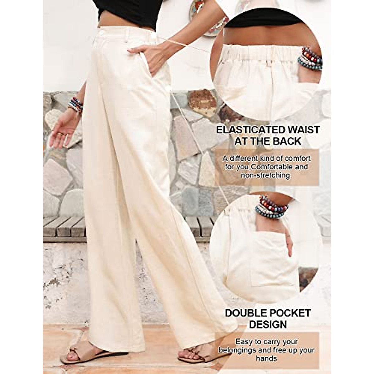 HEEKPEK Linen Pants for Women High Waisted Trousers Straight Wide Leg Flowy Pant Casual Button Up Summer Beach Pants Beige