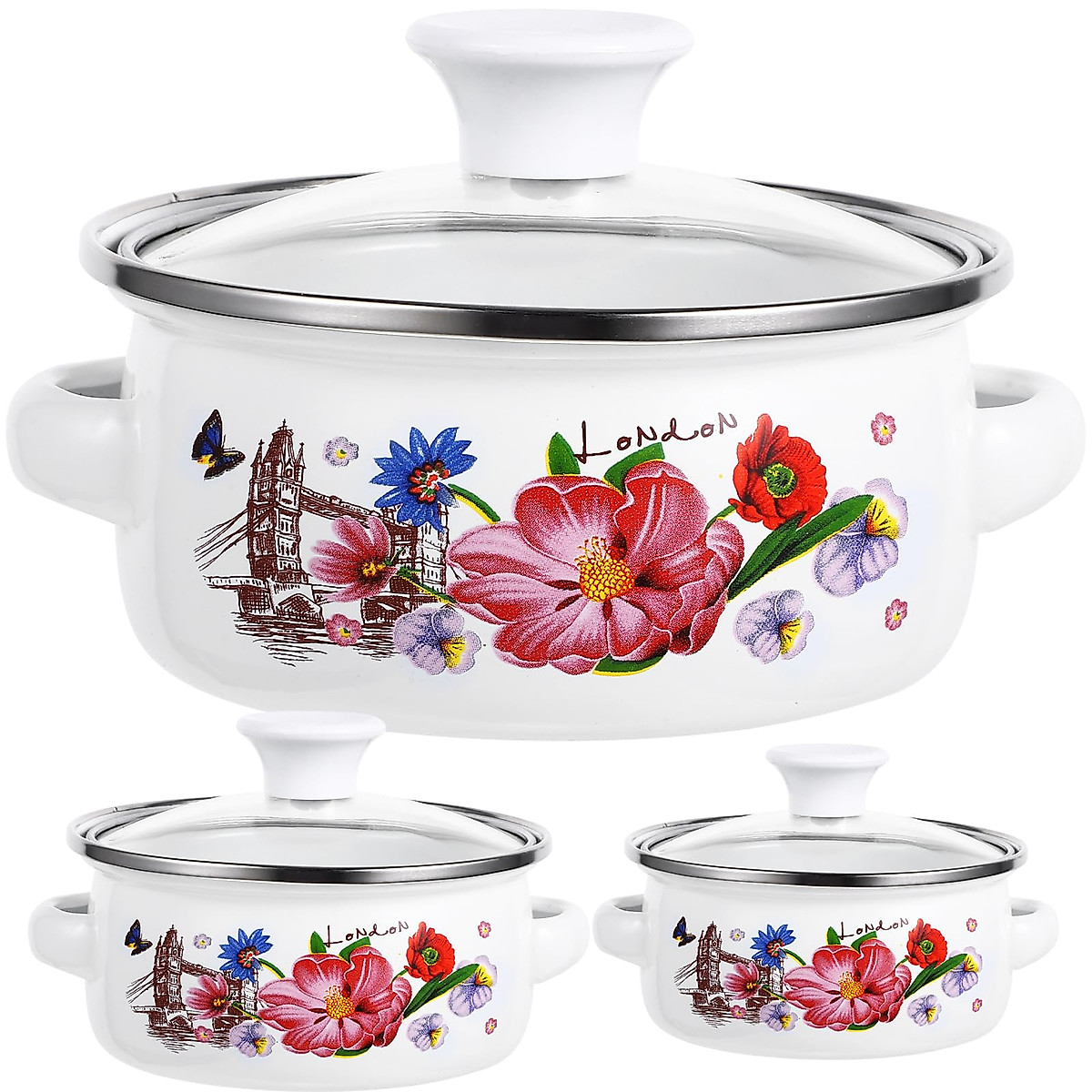 Amosfun Mini Soup Pot Retro Floral Enamelware Pot with Lid - 4.5 Inch 5.5 Inch 8 Inch Assortment Ramen Soup Pot with Handle Ears