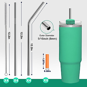 Stainless Steel Straw Replacement Fits for Stanley Adventure Travel Tumbler and Simple Modern 40 oz Tumblers - 8 Reusable Metal Straws with Silicone Tips and 4 Cleaning Brushes (Silver)