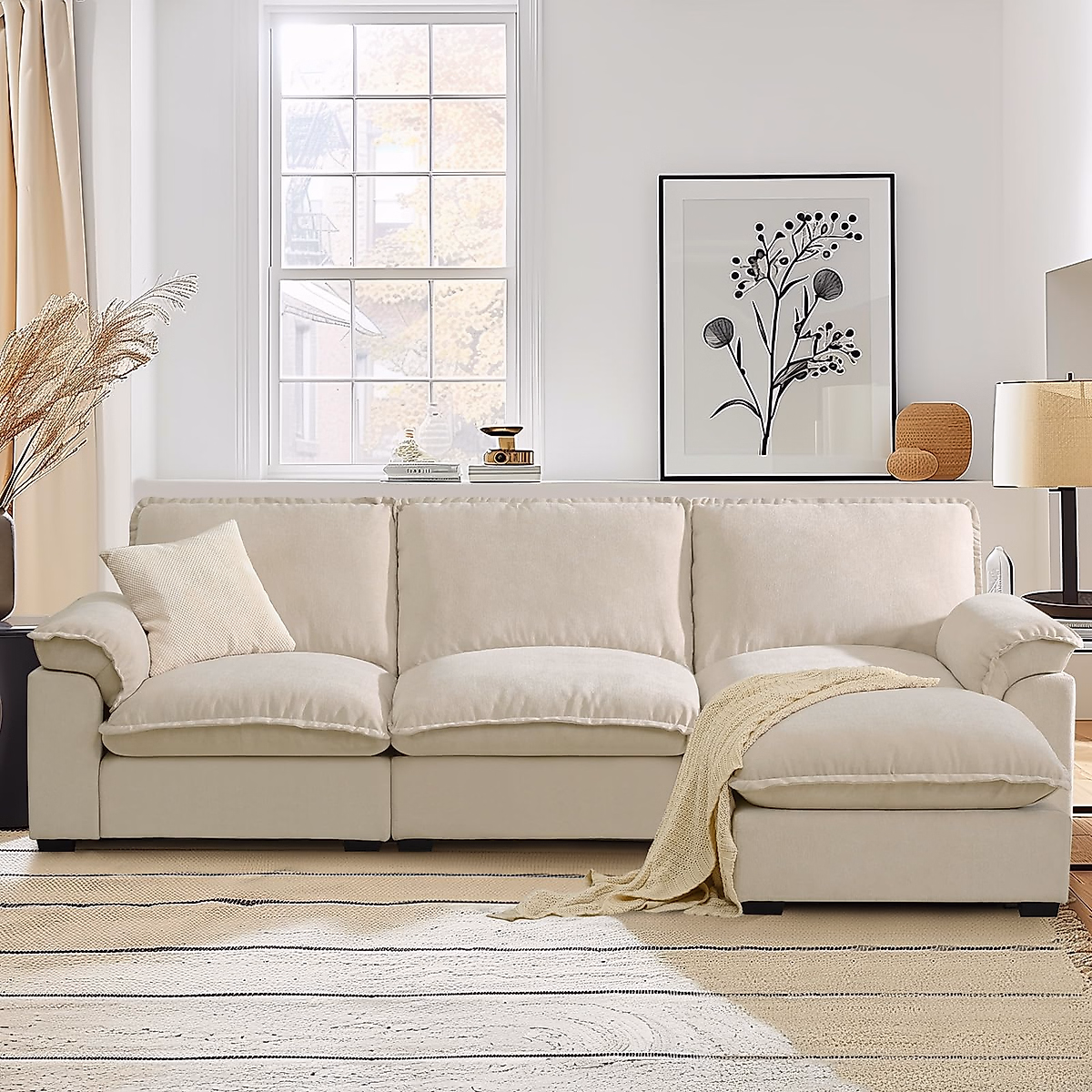 HALLYBEE Modular Sectional Sofa Deep Seat Cloud Couch with Reversible Chaise L Shaped Couch with Padded Armrests Chenille Sectional Couches for Living Room Apartment Office Beige