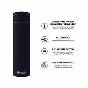 Flaskie Smart Flask (2nd Generation) | 17 Oz | BPA-Free Stainless Steel | Reusable Water Bottle | Replaceable Battery | Double Walled Vacuum Insulated | Keeps Hot for 15 Hrs, Cold for 24 Hrs (Black)