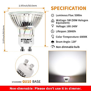 DiCUNO GU10 LED Bulbs 5W Daylight White 6000K, 500lm, 120 Degree Beam Angle, Spotlight, 50W Halogen Bulbs Equivalent, Non-dimmable MR16 LED Light Bulbs, 6-Pack