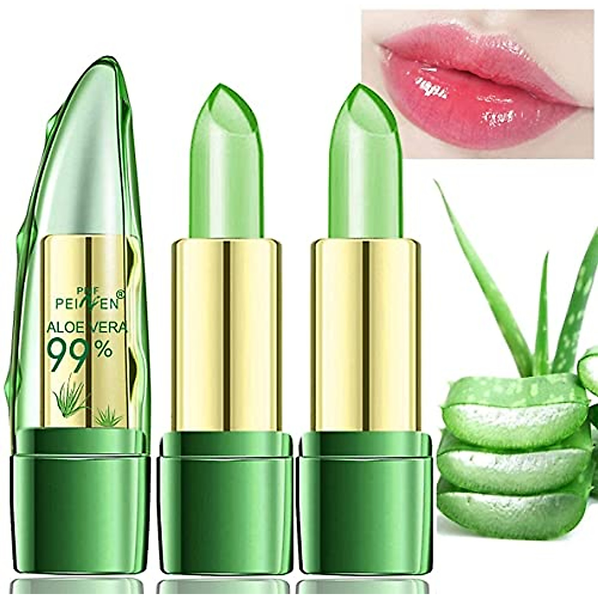 Amazfly 2 Pcs Aloe Vera Lipstick, Clear Jelly Lipsticks, Magic Temperature Color Change Lipstick Lip Blam Moisturizing Long Lasting Lip Makeup (2Pcs)