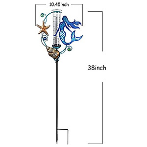 JOYbee Mermaid Solar Powered Rain Gauge Garden Stake,Metal Mermaid Stake with Replacement 7" Capacity Glass Tube, LED Lights Glass Tube (Solar Rain Gauge),Decoration for Yard Lawn Outside