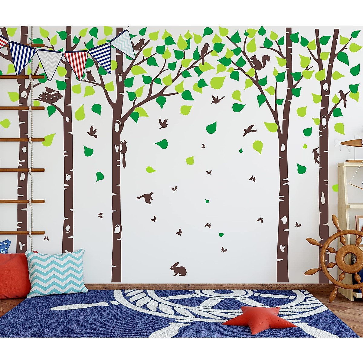 5 Large Birch Tree Wall Decals Jungle Tree Wall Stickers Forest Animal Wall Stickers Squirrel Rabbit Stickers for Kids Room Nursery Bedroom Living Room Classroom Wall Decoration (100", Brown,Green)