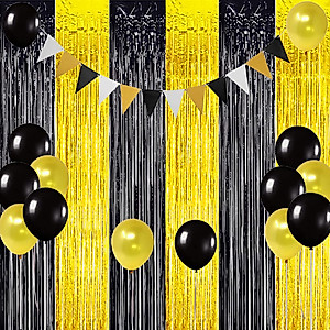 Black and Gold Fringe Fringe Backdrop, 2025 Graduation Tinsel Backdrop Gold Black Booth Streamers for New Year Birthday Wedding Disco Party Decorations (3 Pack)