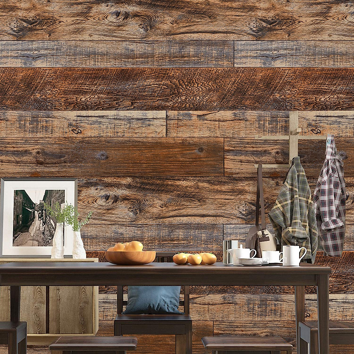 WENMER 17.71" x 118" Brown Wood Wallpaper Peel and Stick Shiplap Self Adhesive Contact Paper for Cabinet Countertop Shelf Drawer Wall Door