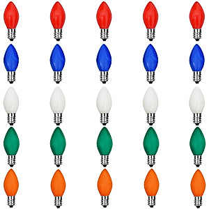 25 Pack C7 LED Multicolor Replacement Bulbs, Christmas Multicolor Ceramic LED Light Bulbs Vintage Light Bulbs for Christmas Indoor Outdoor String Lights, E12/C7 Candelabra Base, 0.6 Watt