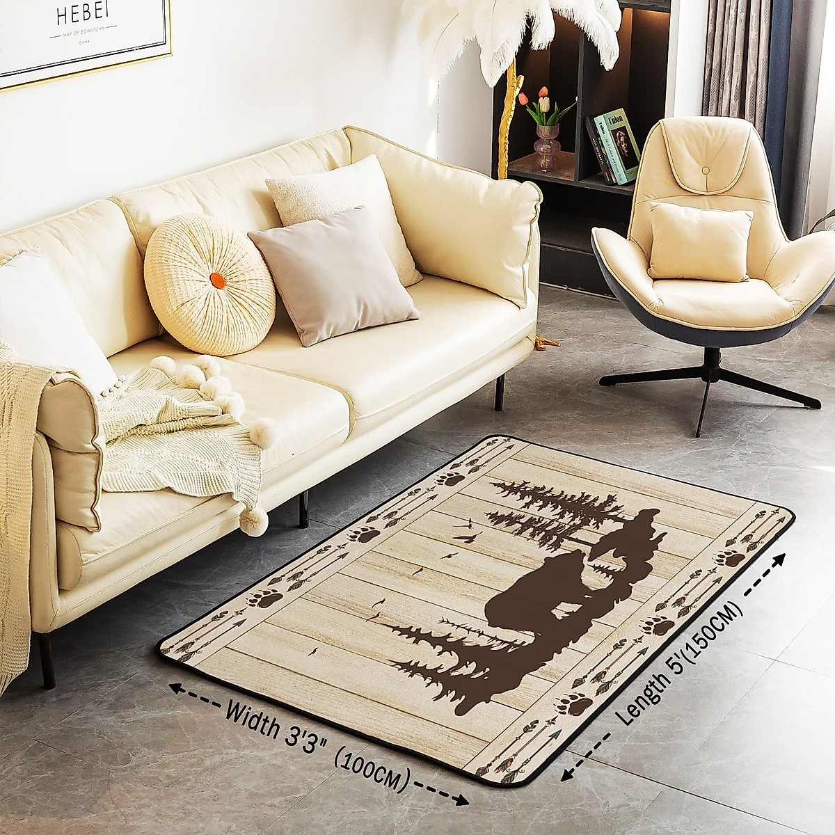 Erosebridal Bear Area Rug Wild Animal Hunting Rug for Bedroom,Ethnic Tribal Arrow Paw Print Area Rugs 3x5 Lodge Cabin Wood Pine Trees Big Cat Rustic Living Room Rug Non Slip