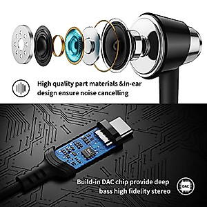 USB C Headphone for Galaxy S23 Ultra S22 S20 FE Pixel 7 Pro,Type C Headphones with Mic Wired Earbuds Magnetic Stereo Volume Control in Ear for iPad Pro Samsung Z Fold 4 Flip 3 Pixel 6 OnePlus 10T 9