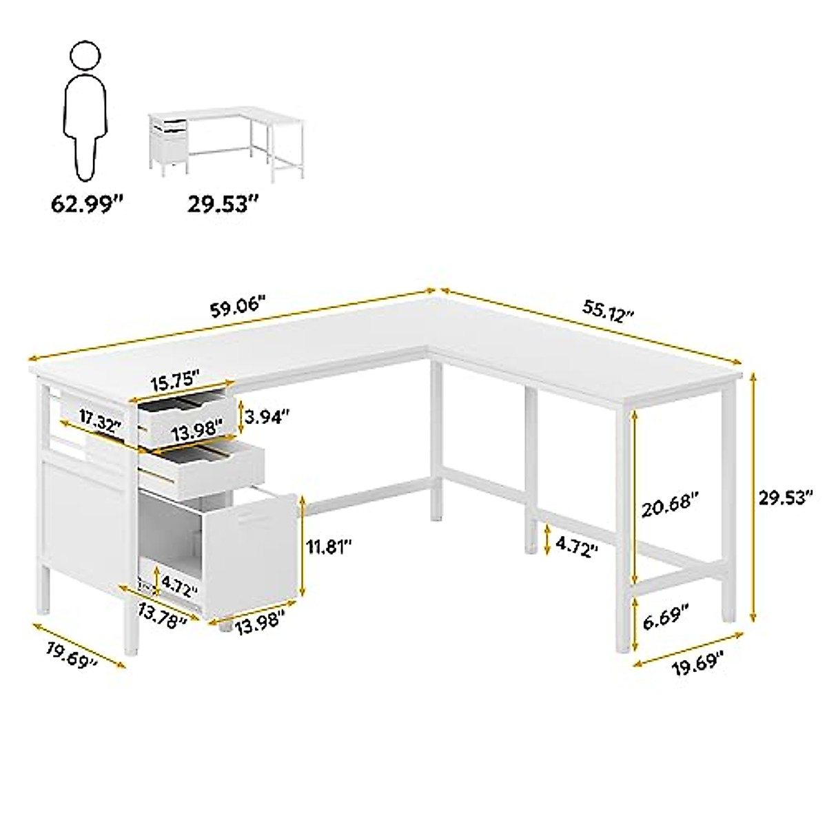Tribesigns L Shaped Desk with File Drawer Cabinet, 59 Inch Corner Desk L Shaped Computer Desk with Drawers, PC Table Writing Desk for Home Office, White