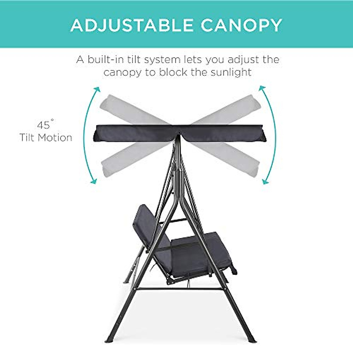 Best Choice Products 2-Person Outdoor Patio Swing Chair, Hanging Glider Porch Bench for Garden, Poolside, Backyard w/Convertible Canopy, Adjustable Shade, Removable Cushions - Gray