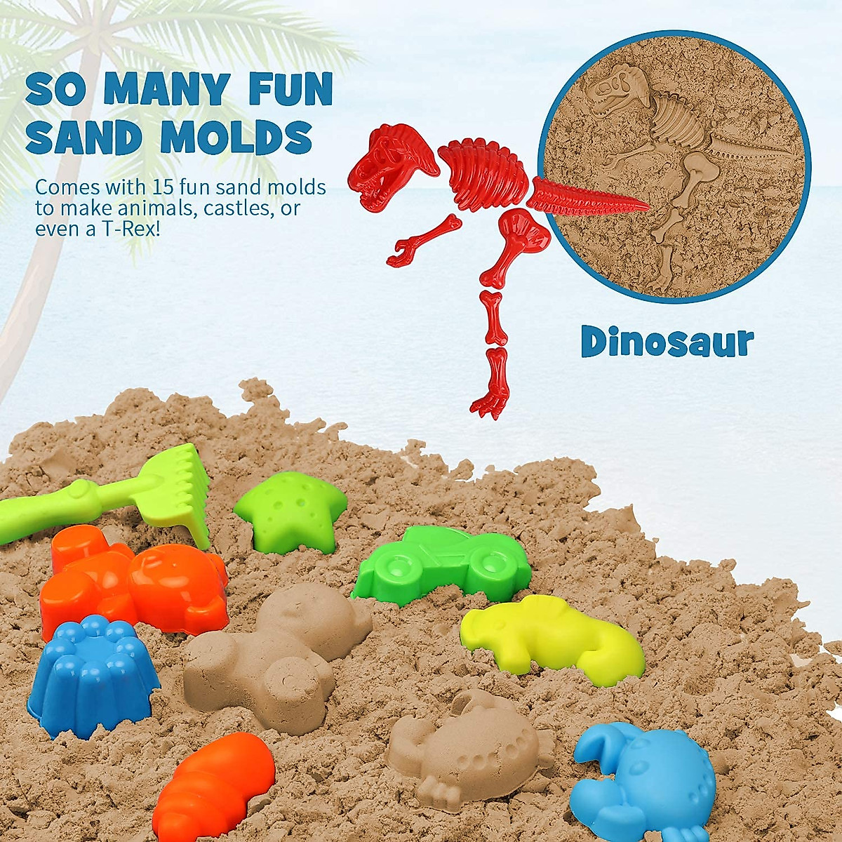 TOY Life Beach Toys for Kids 3-10 - Kids Sand Toys Sandbox Toys with 2 Sand Castle Buckets, Shovels, Rake, Sifter, Animal Dinosaur Sand Castle Molds, Sandcastle Building Kit, Sand Castle Toys for Beah