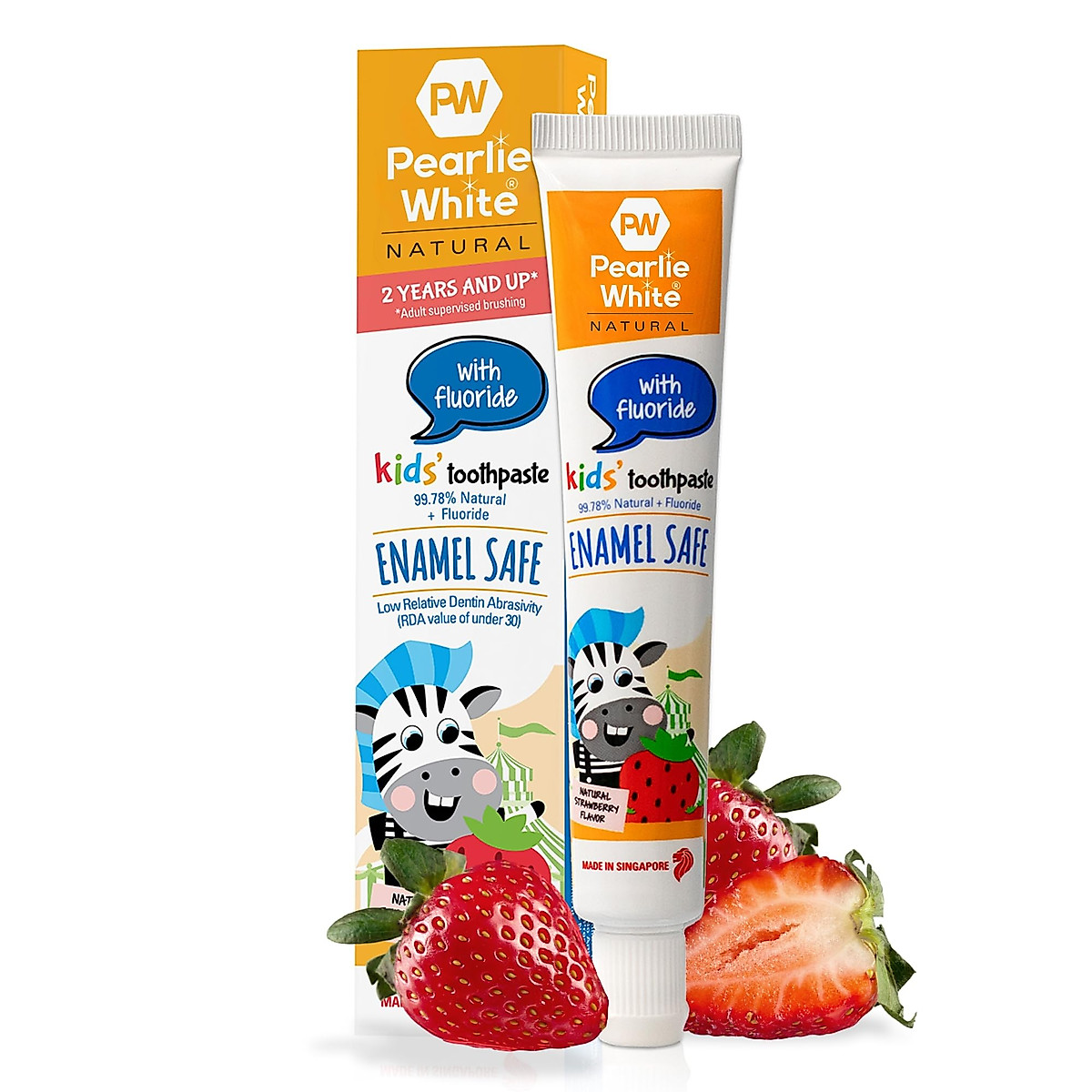 Pearlie White 99.78% Natural Fluoride Kids Toothpaste (1.58oz, 45gm) | Kids Toothpaste with Fluoride | Extra Gentle Enamel Safe Toothpaste for Kids | Low RDA | Natural Strawberry Flavor