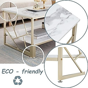 MKJLWO White Coffee Tables for Living Room, Square Marble Gold Coffee Table 2-Tier Storage Modern Center Table White Home Furniture Office Decor 43×21in