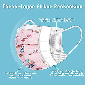 Assacalynn Disposable Kids Face Mask 50 Pcs Pink, Breathable Lightweight Kids Masks for Boys Girls, Masks for Kids with Cute Pink Cartoon Pattern