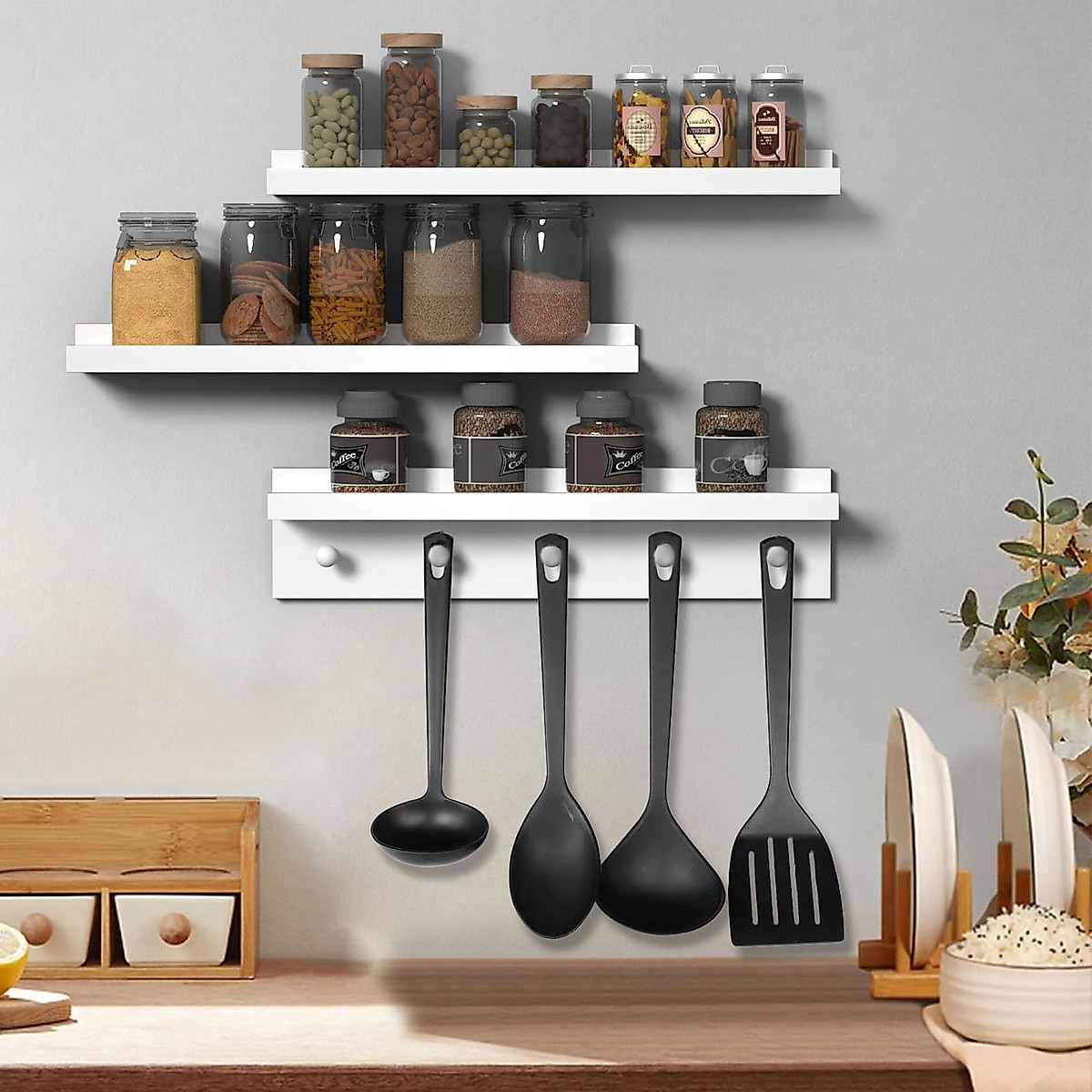 MBYD Picture Shelf Ledge, 24 Inch Floating Shelves for Wall, Nursery Book Shelves with Hooks Set of 3, Floating Shelf Wall Mounted for Bathroom,Kids Room, Living Room, Kitchen White