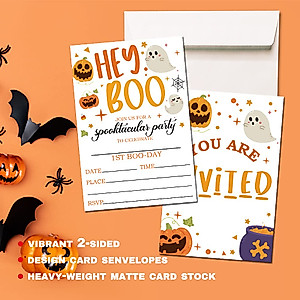 Deluxe Halloween or Costume Party Invitations, 25 Fill-in Cards with Envelopes, Pumpkin, Ghost, Monster, Cute Trick or Treat, Box or Treat for Kids Birthday or Adult party - 4"X6" (JRM359)