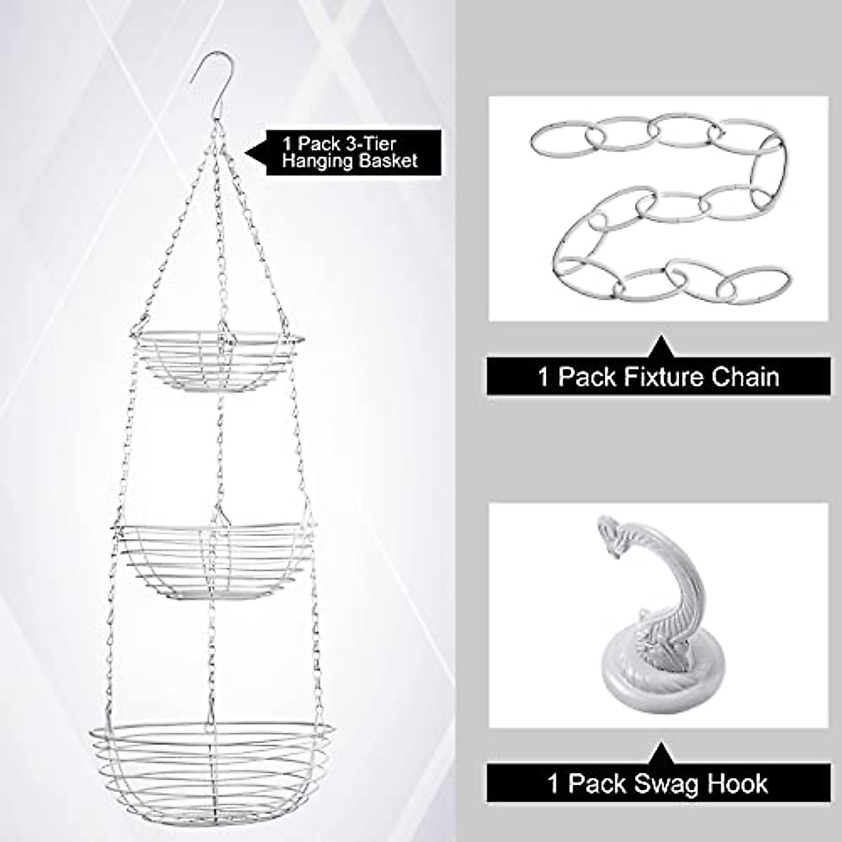 Hotop 3-Tier Hanging Fruit Basket Vegetable Storage Wire Basket with 16 Inch Fixture Chain and Ceiling Hook for Putting Fruit Vegetables Snacks Household Items (White)