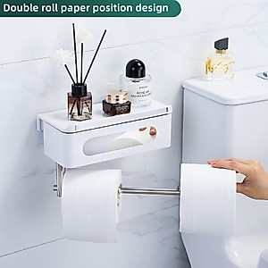 White Bathroom Toilet Paper Holder with Shelf and 180°Rotation Movable Storage Box, ABS Material Wall Mount Double Roll Tissue Holder Dispenser, Punching or Self Adhesive Two Different Installation