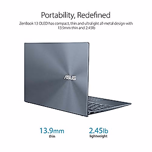 ASUS ZenBook 13 Ultra-Slim Laptop, 13.3” OLED NanoEdge, Intel Evo Platform i7-1165G7, 16GB, 512GB SSD, NumberPad, Thunderbolt 4, Wi-Fi 6, Windows 11 Pro, AI Noise-Cancellation, Pine Grey, UX325EA-XH74