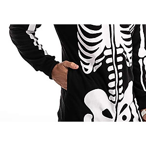 Spooktacular Creations Unisex Skeleton Onesie Pajama Plush Skeleton Jumpsuit Zippered Halloween Hoody Pajama for Adult Sleepwear Costume(Large) Black
