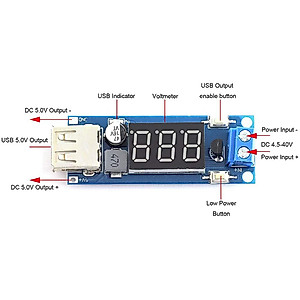 DAOKI 2 Pack DC-DC Buck Voltage Converter 6.5-40V to 5V 2A Step-Down USB Output Voltmeter Module Low Power Transformer with LED Display, 24AWG Wire
