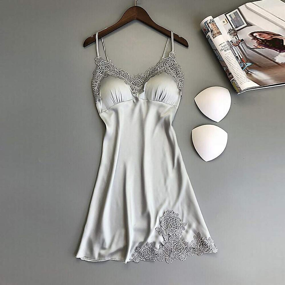 Aniywn Women Babydoll Nightgown Chemises Lace Lingerie Sleepwear Sexy V-Neck Full Slip Sleepdress Spaghetti Strap Nightdress Silver