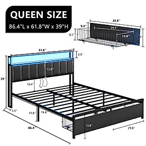 AMERLIFE LED Bed Frame with Drawers, Queen Platform Bed Frame with 2-Tier Storage & Leather Upholstered & Charging Station Headboard, No Box Spring Needed, Easy Assembly, Noise Free, Black