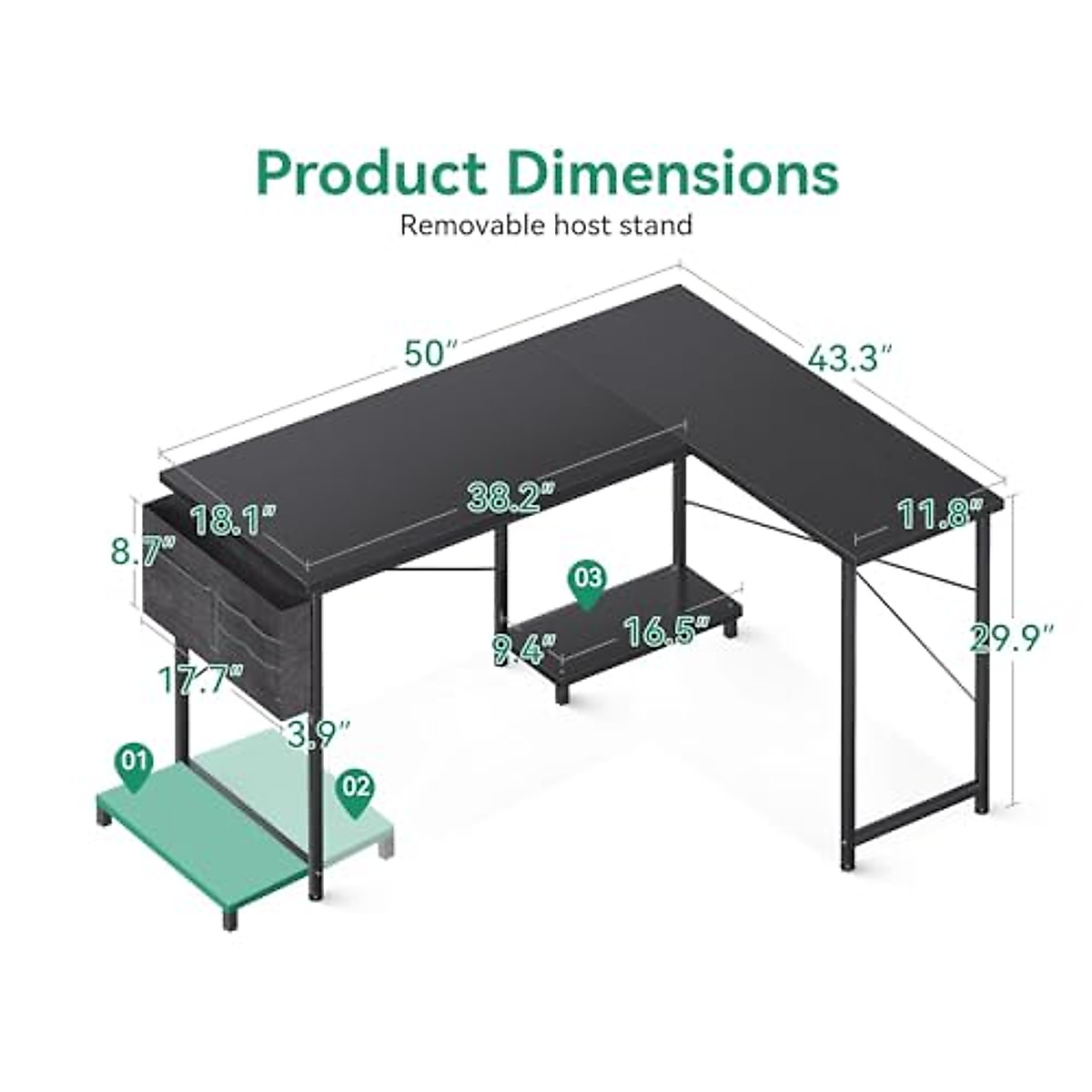AODK L Shaped Desk, 50 Inch Computer Desk with Storage Bag, Reversible Home Office Desk with Host Stand, Black Corner Table for Bedroom Studio, Modern Wood PC Desk for Study Work