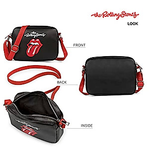 Rolling Stones Majesties Collection Crossbody Bag for Women, Men, Girls, and Teens, Officially Licensed Lightweight Vegan Leather Purse for Travel, Fits Phone, Wallet, and More, Black/Red