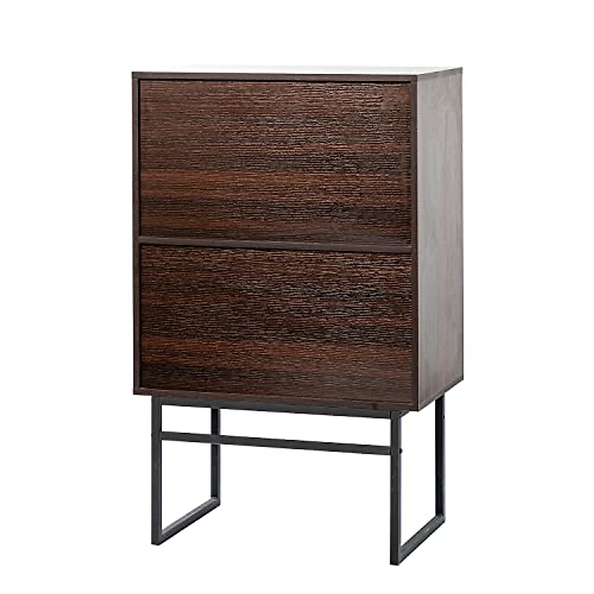 Voohek High 2 Rattan Doors, Interior Shelves and Black Metal Base, Sideboard w/Simulated Wood Patterns & Retro Knobs Elements On Surface, Walnut Storage Cabinet, Espresso
