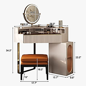 Lartis Storage Dresser Makeup Stool Set, Dresser, 1 Storage Drawer, 1 high Storage Storage Pull Cabinet, 360 °rotatable Makeup Mirror, ash Wood Makeup Stool