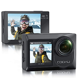 COOAU Sports Action Camera Dual Screen Ultra HD 4K 60FPS 20MP WiFi EIS Touchscreen External Microphone Remote Control Underwater 131 Feet Waterproof Helmet Vlogging Camera with 2x1350mAh Batteries.