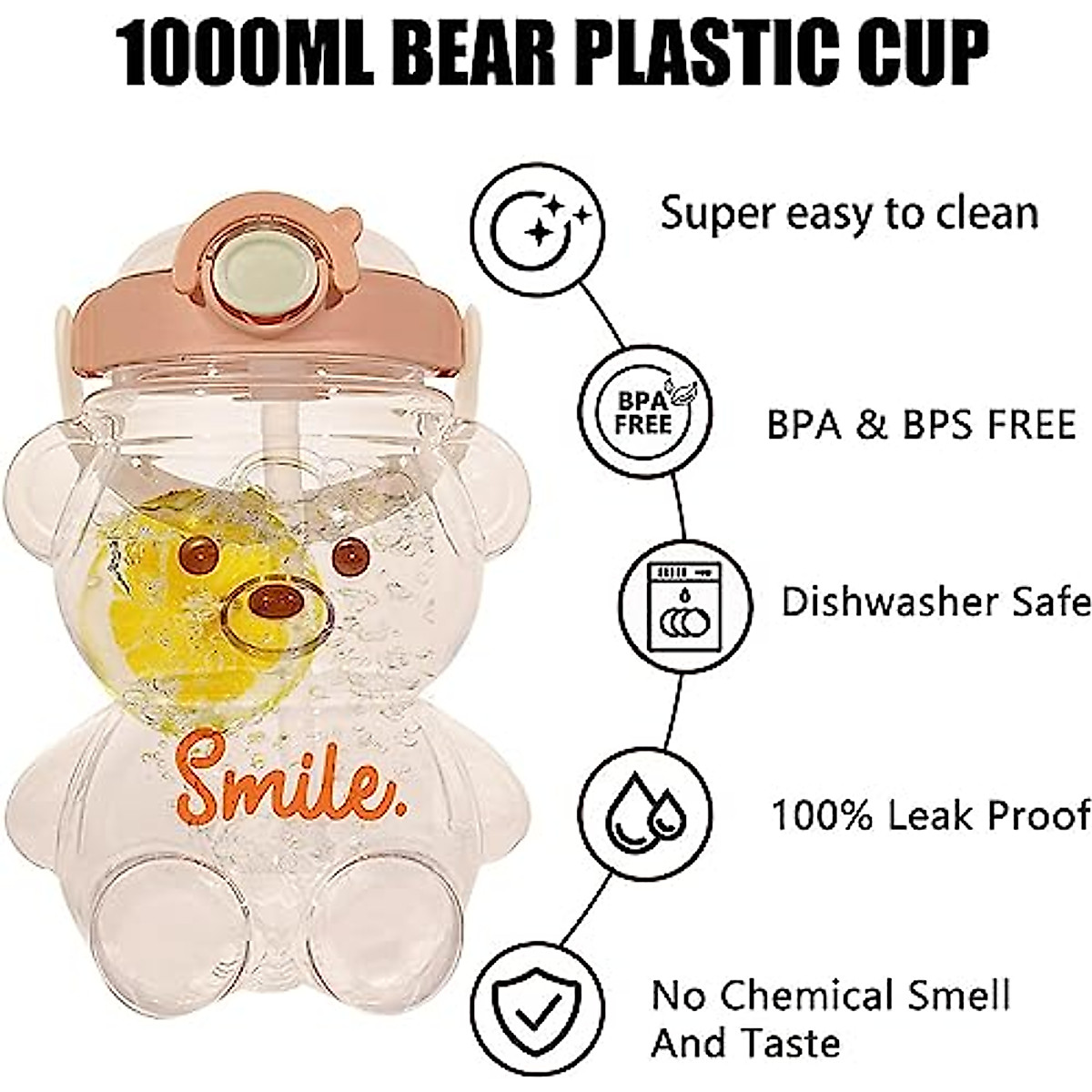 JRIQH Kawaii Bear Straw Bottle,Leak-Proof Water Bottle with Adjustable & Removable Shoulder Strap for Boy and Girls (pink)