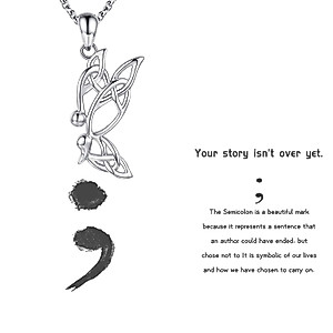 Semicolon Butterfly Necklace Survivor Encouragement Story Isnt Over Yet Struggle Depression Inspired Necklace 925 Silver Pendant Jewelry Gift for Women (Silver)