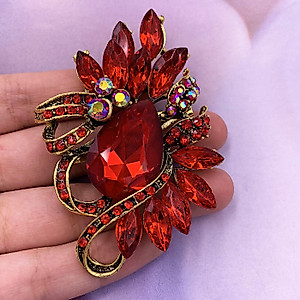 SELOVO Vintage Style Statement Red Leaf Scarf Shawl Brooch Pin Crystal Antiqued Gold Tone