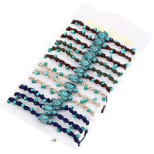 COLORFUL BLING 12Pc Adjustable Natural Sea Shell Starfish Cowries Strand Bracelets Handmade Braided Turtle Tortoise Beads Bracelet for Women Surfer Beach Friendship Jewelry-A turtle
