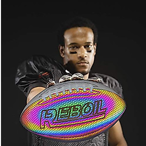 REBOIL Holographic Glowing Football–Light Up with Camera Flash–Advance Reflective Composite Leather - HoloHoops Gifts Toys for Outdoor Night Game–Official Size. (Size 7)