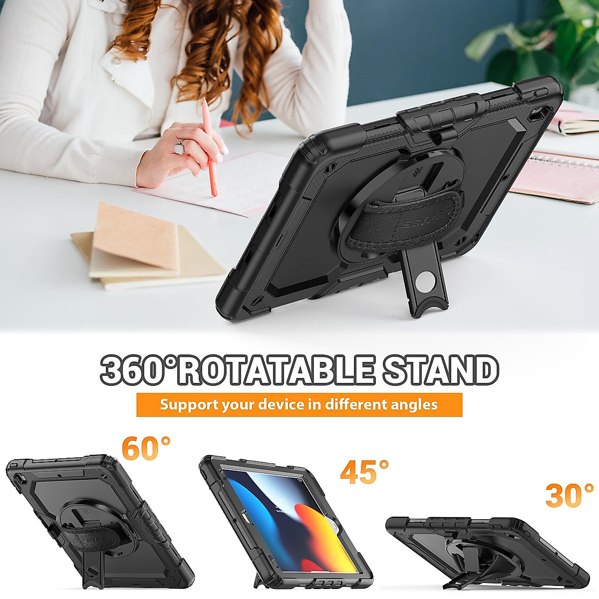 SEYMAC Case for iPad 9th/8th/7th Generation Case 10.2" 2021-2019, Full-Body Shockproof Heavy Duty Protective Case with Screen Protector, 360° Rotating Stand/Handle/Shoulder Strap for iPad 10.2, Black
