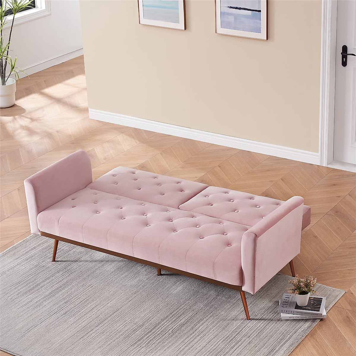 PBOGHLRD Convertible Velvet Futon Sofa, Folding Loveseat Sofa with Throw Pillow and Midfoot, Small Sleeper Couch Bed for Living Room, Bedroom, Home Office (Pink)