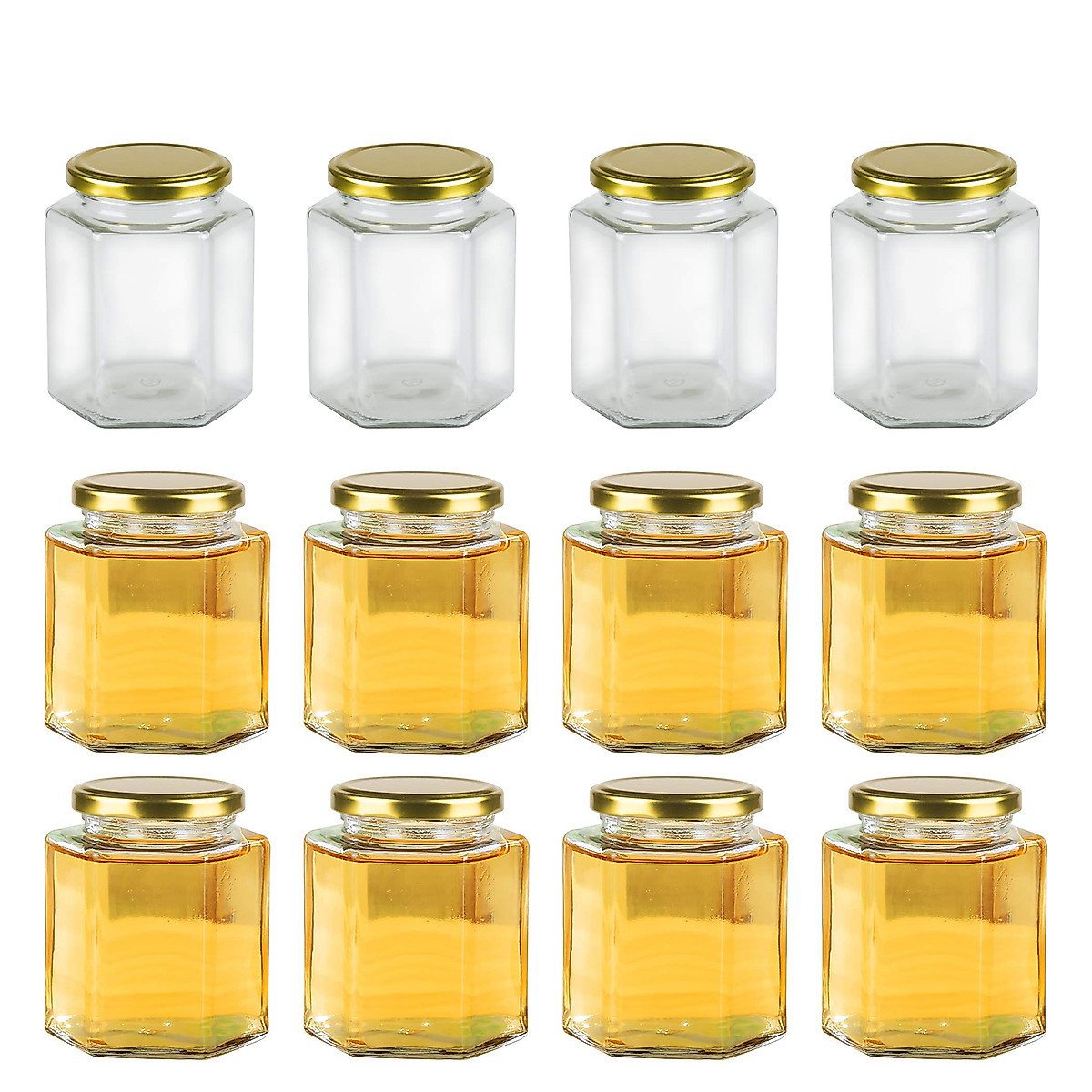 Encheng 16 oz Clear Hexagon Jars,Glass Jars With Lids(Golden),Mason Jars For Honey,Foods,Jams,Liquid,Spice Jars Herd Jars Canning Jars For Storage 12 Pack