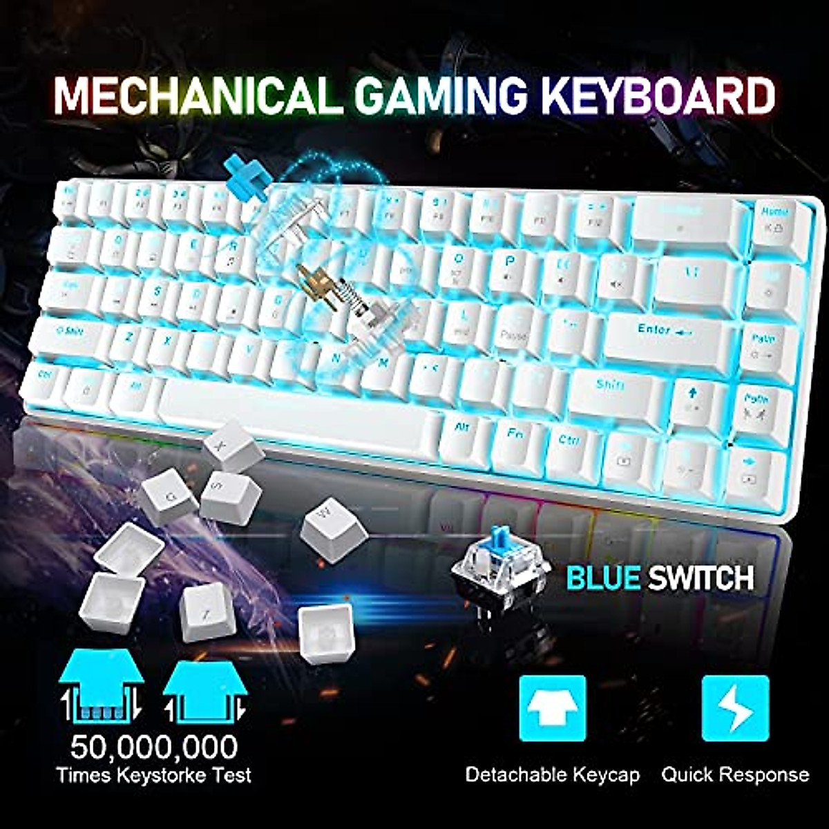 60% Mechanical Gaming Keyboard and Mouse Combo with Mini Ergonomic Anti-ghosting 68Key Multi Backlight 6400DPI Green Honeycomb Mice Type-C Wired for PC Mac Gamer Office Typist(White Blue/Blue Switch)
